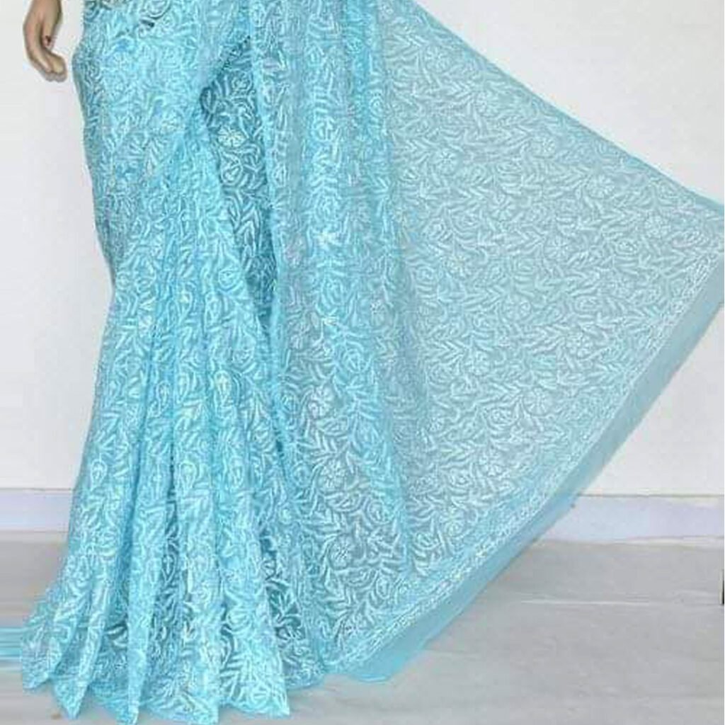 Lucknowi Chikankari - Women's Saree Chiffon - Color Sky Blue - Indyhaat